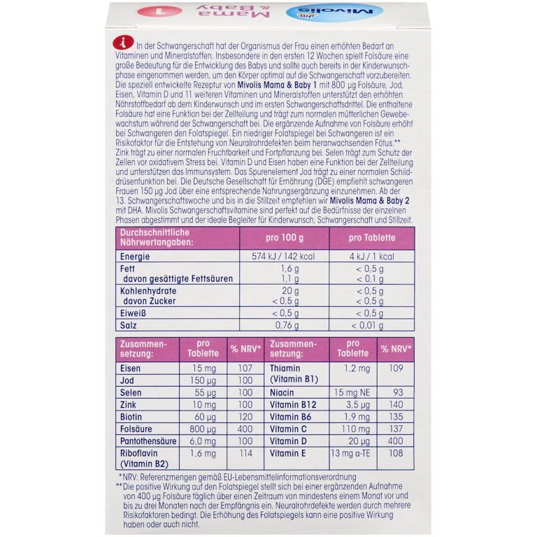 Mivolis Mama En Baby 1 Zwangerschap Foliumzuur Tabletten 30 Stuks ...